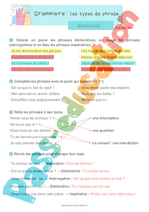 Les types de phrase - Exercices de grammaire : 4ème Harmos - PDF à imprimer