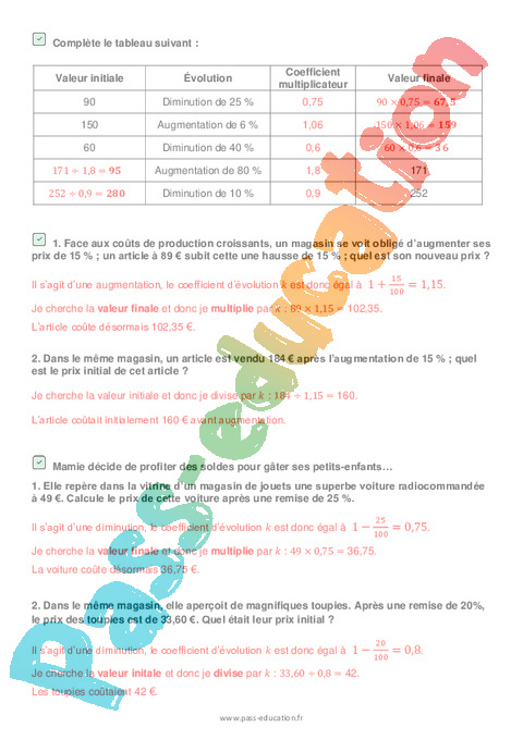 Appliquer et déterminer un pourcentage d’évolution - avec Mon Pass Maths : 11ème Harmos - Cycle ...